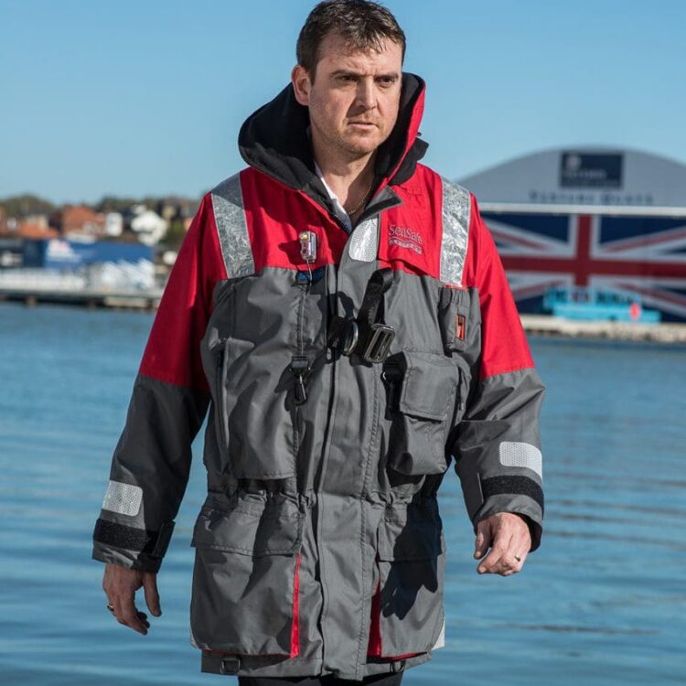 Waterproof 3/4 length style coat with integrated inflatable life jacket